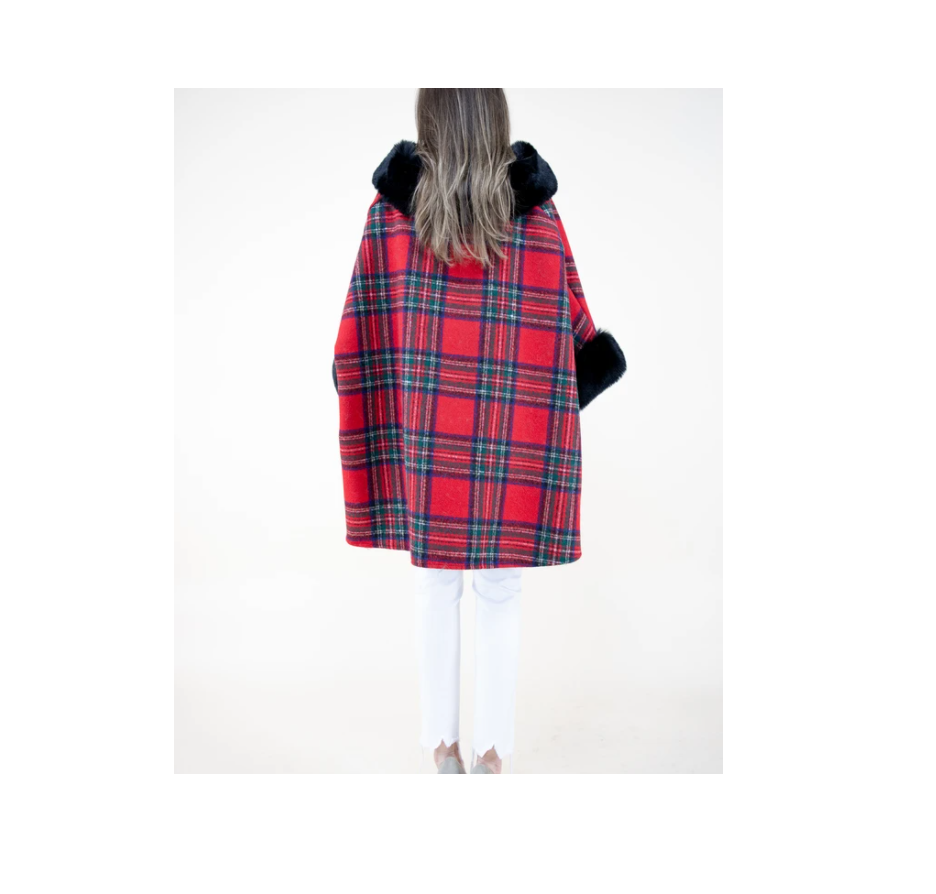 Red Plaid Cape With Faux Fur Trim - Best of Everything | Online Shopping